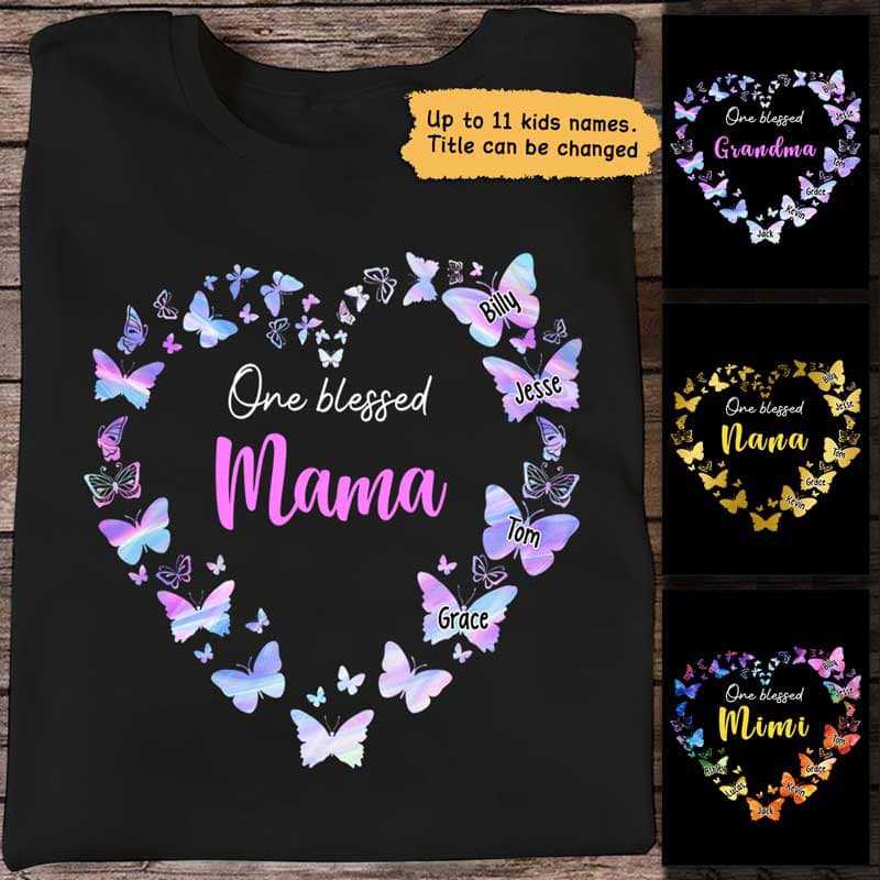 Blessed Mama Butterflies Colorful Heart Personalized Shirt - TrendingCustom