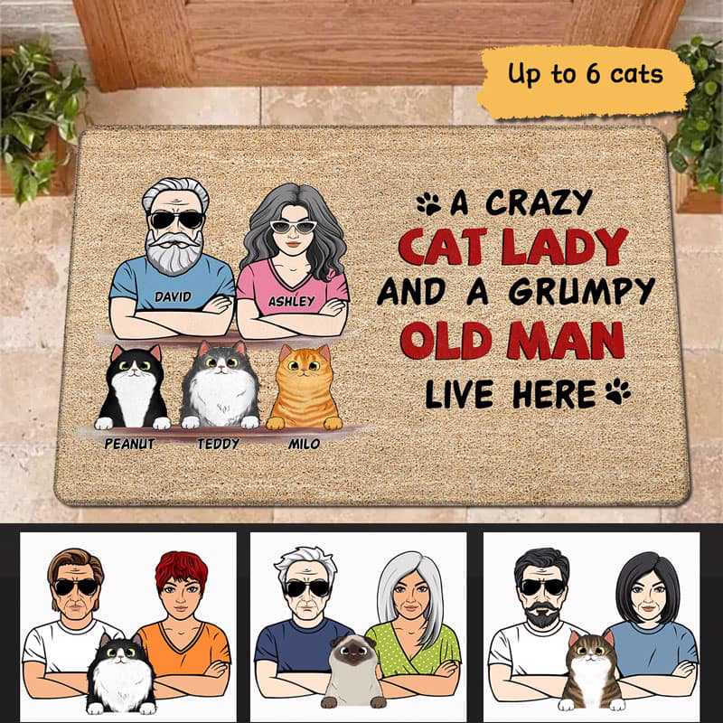 Crazy Cat Lady & Grumpy Old Man Live Here With Cats Personalized Doorm ...